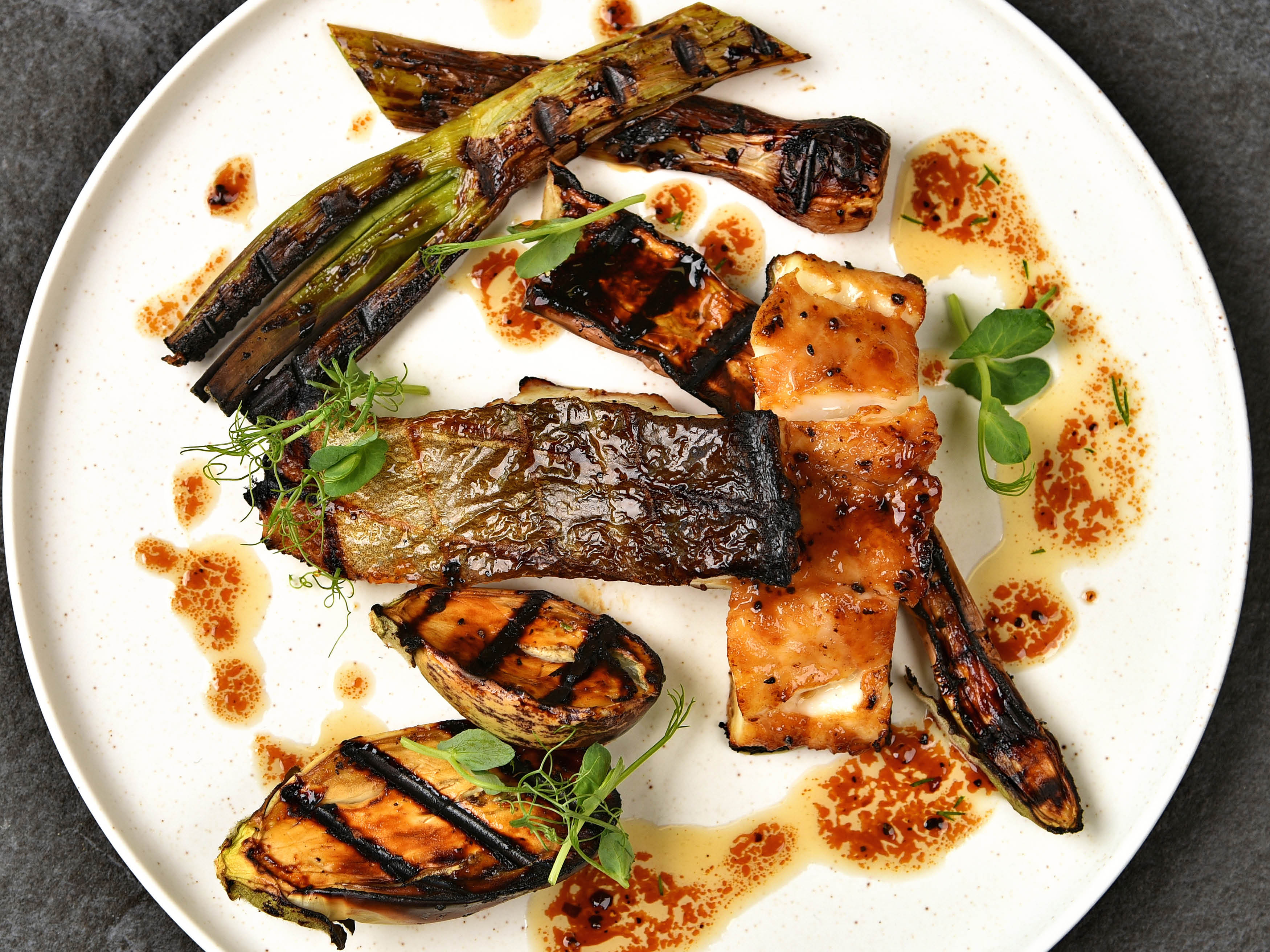 BBQ-marinated Nutaaq® cod with teryiaki eggplants and spring onions ...